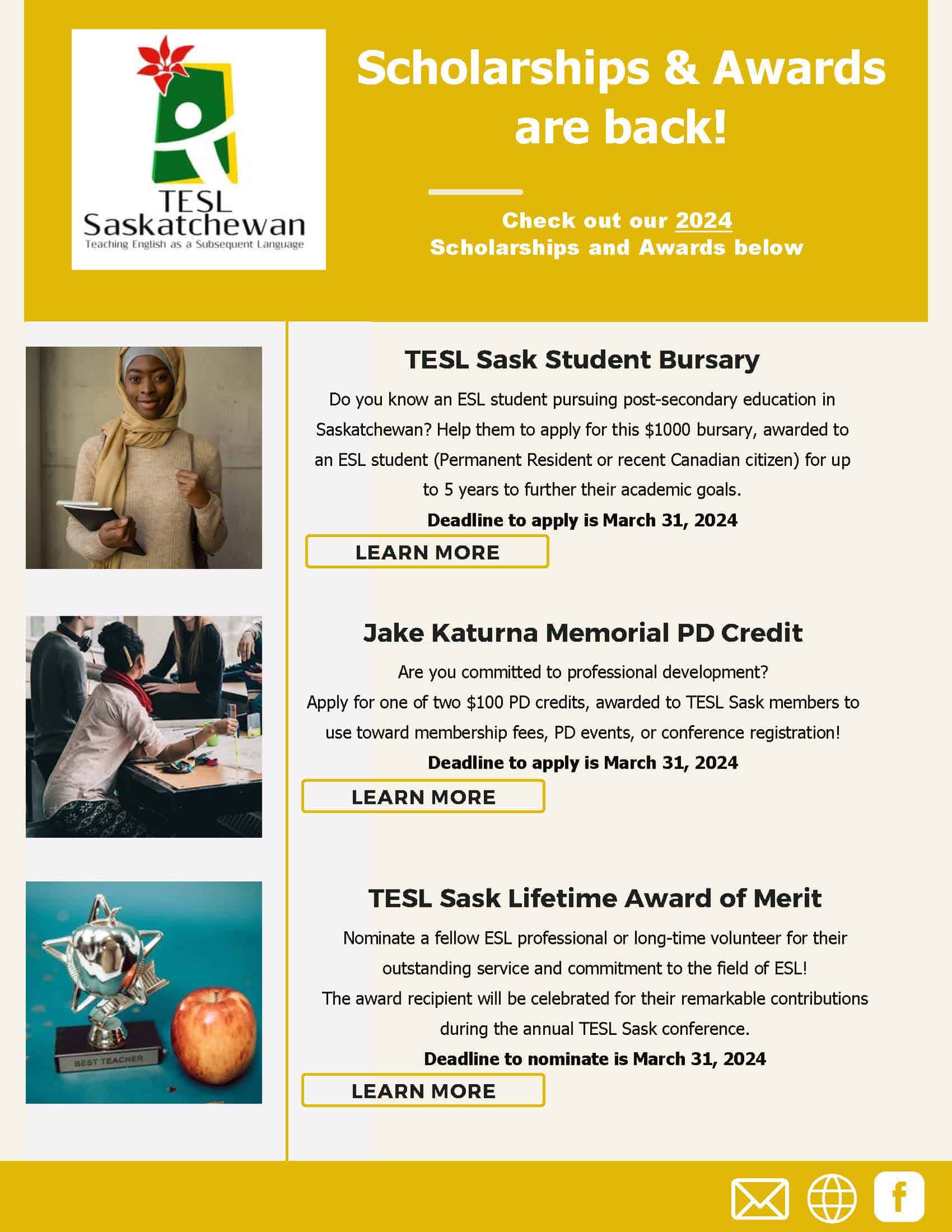 TESL Sask Student Bursary - Deadline March 31, 2024 - SAISIA